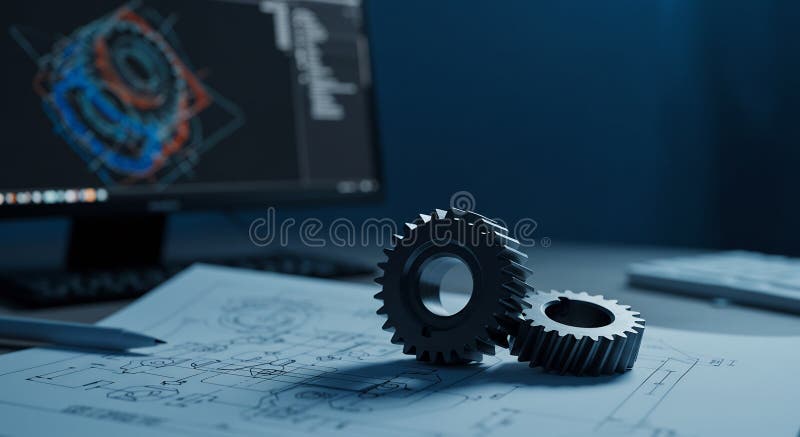 Gears on Blueprint Engineering Workspace with Computer Stock ...