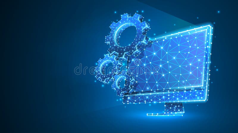 Gears on Computer Monitor. Industry, Business Solution, Technology ...