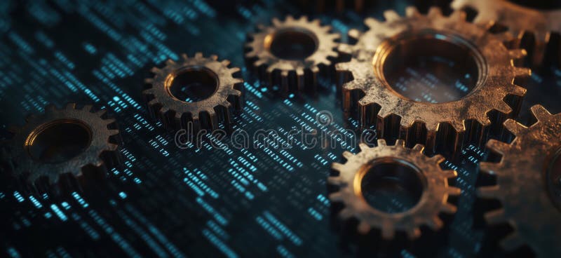 Gears on Digital Background Representing Technology and Engineering Concepts with Binary Code ...