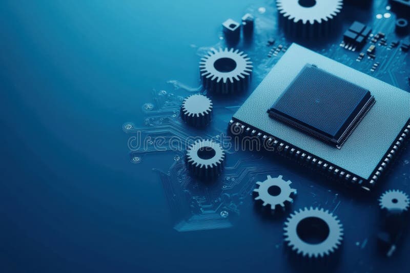 Gears Encircle a Microprocessor on a Blue Circuit Board, Highlighting ...