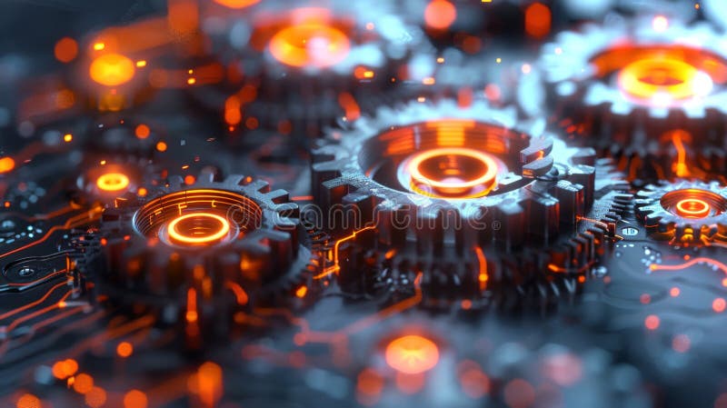 Industrial Gears and Glowing Circuit Patterns Create a Futuristic ...