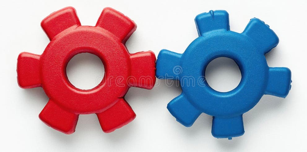 Gears Interlock Showing Connection and Collaboration in Red and Blue ...