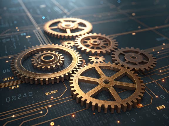 Gears Rotating on Circuit Board Symbolizing Technological Process Stock ...