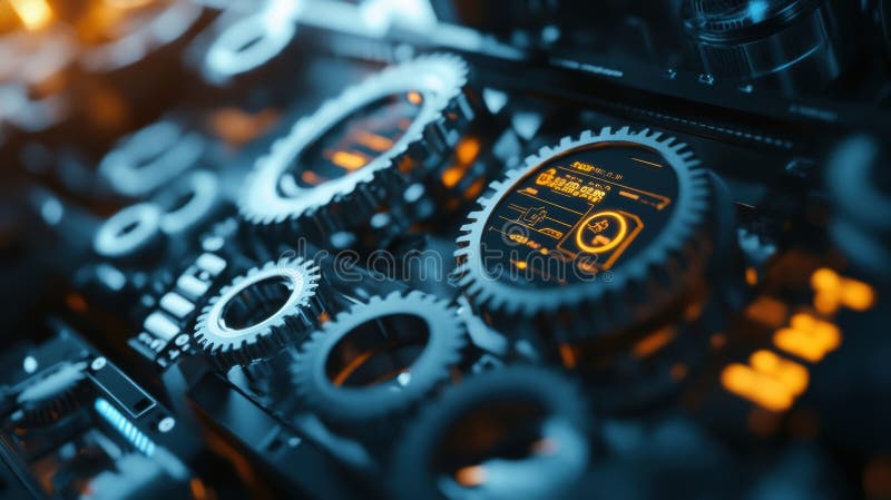 Gears Rotating, Showing Data on Futuristic Screen in a Complex Machine ...