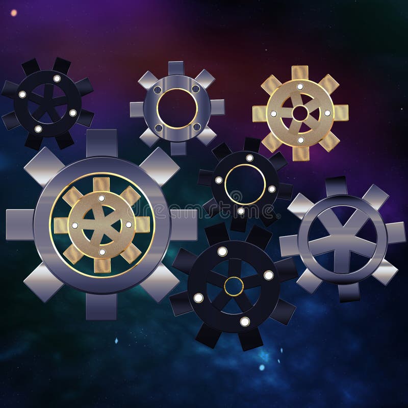 Gears In Space With North Star Stock Illustration - Illustration of ...