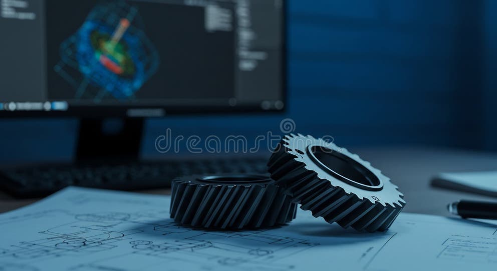 Gears on Technical Drawing with Computer Simulation Background Stock ...