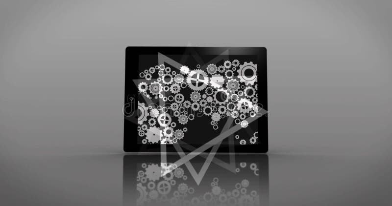 Gears and Triangle Animation Over Tablet Screen on Reflective Surface ...