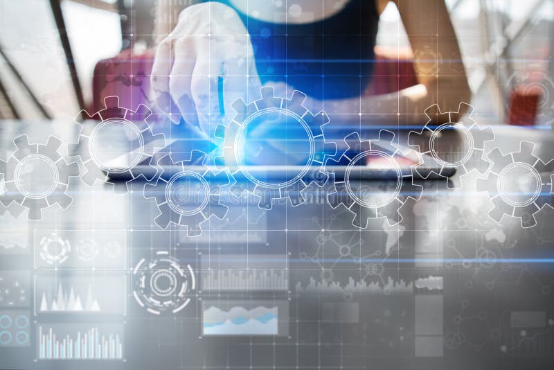 Gears on Virtual Screen. Business Strategy and Technology Concept ...