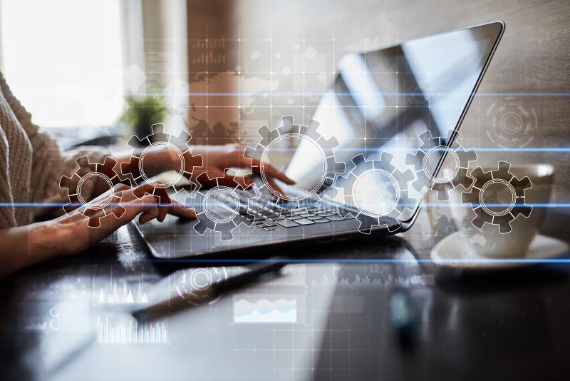 Gears on Virtual Screen. Business Strategy and Technology Concept ...