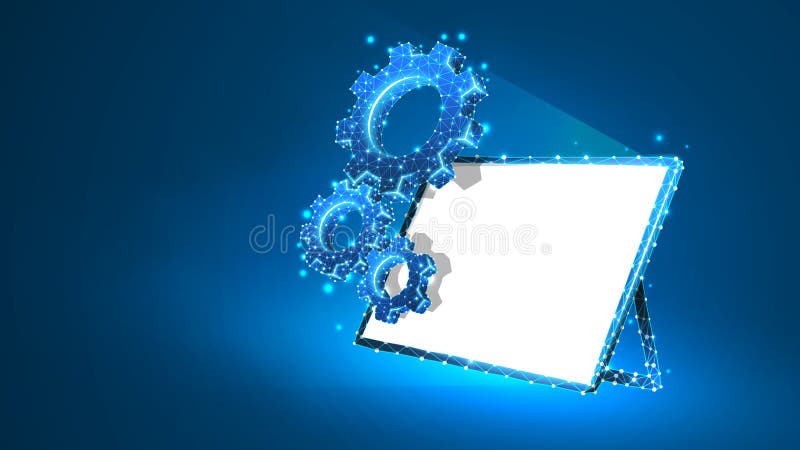 Gears on White Screen of Graphic Tablet. Industry, Business Solution ...