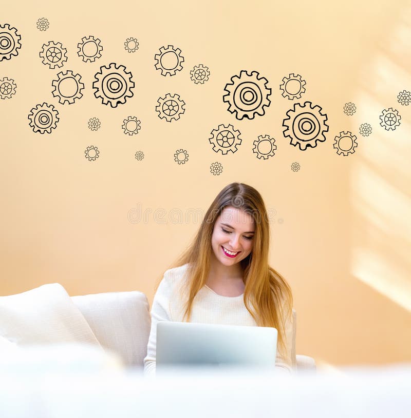 Gears with Woman Using Laptop Stock Image - Image of sofa, teamwork ...