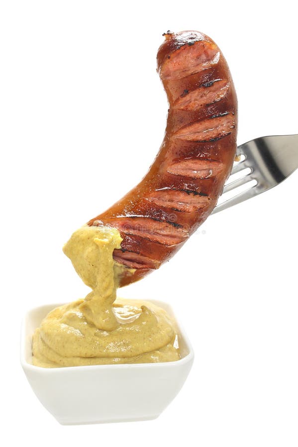Gebratene Grillwurst Mit Senf Stockfoto - Bild von senf, grillwurst ...