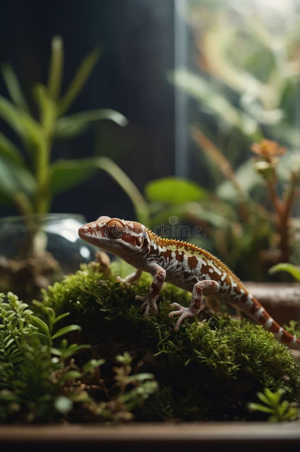 Charming Day Gecko on Mossy Terrarium Stock Illustration - Illustration of wildlife, living ...