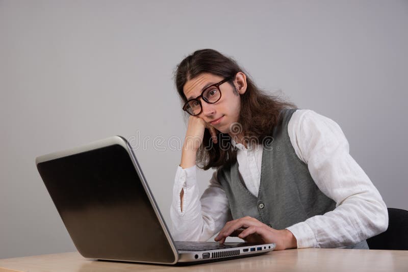 Geek Guy Is Trying To Write Code Or Learn A New Programming Language Experience Difficulties In
