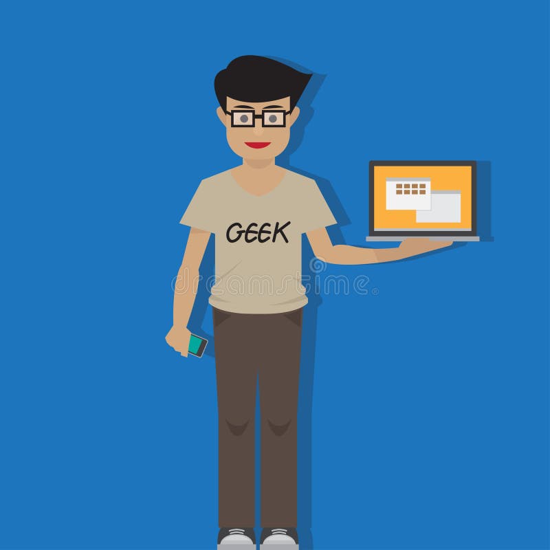 Geek Man with laptop stock vector. Illustration of happy - 82701903