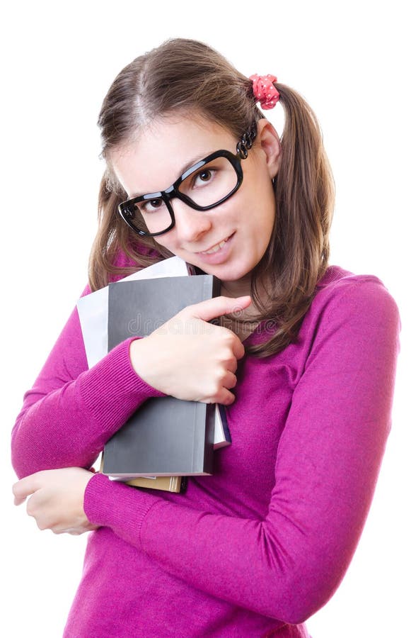 Nerdy Young Woman Student Reading Book Stock Photo - Image of isolated ...