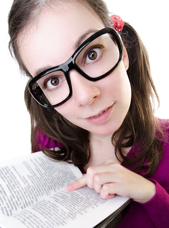 Geek woman showing book stock photo. Image of isolated - 28769860