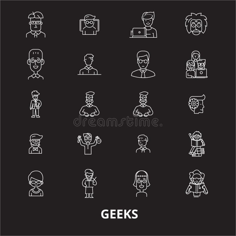 Geeks Editable Line Icons Vector Set on Black Background. Geeks White ... Geeks Editable Line Icons Vector Set on Black Background. Geeks White ...