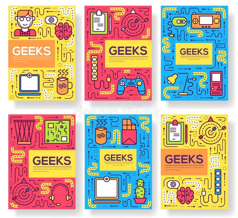 It Geeks Vector Brochure Cards Thin Line Set. Office Professional ...