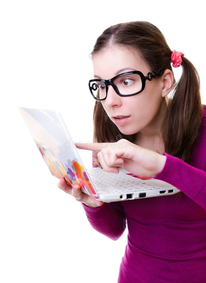 Geeky woman with a laptop stock photo. Image of long - 28770156