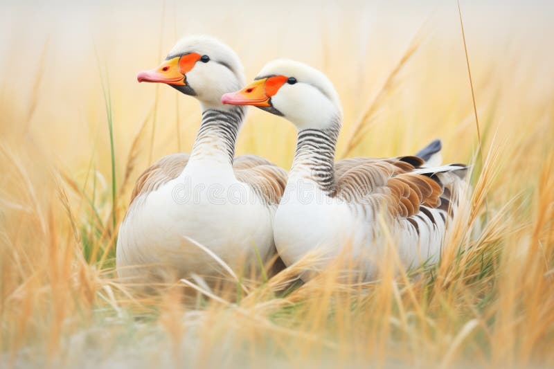 Geese Couple with Intertwined Necks, Grassy Field Stock Photo - Image ...