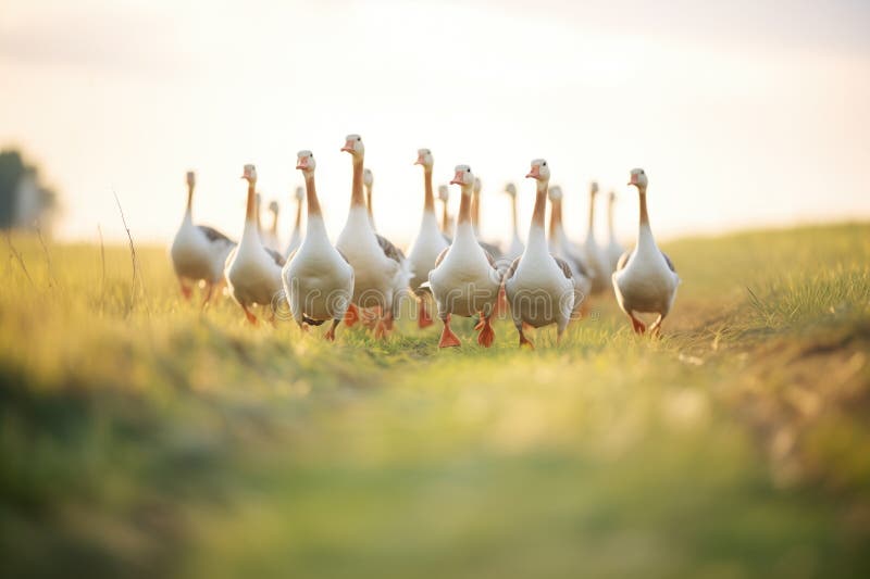 Geese in Formation Marching through Field Path Stock Photo - Image of ...
