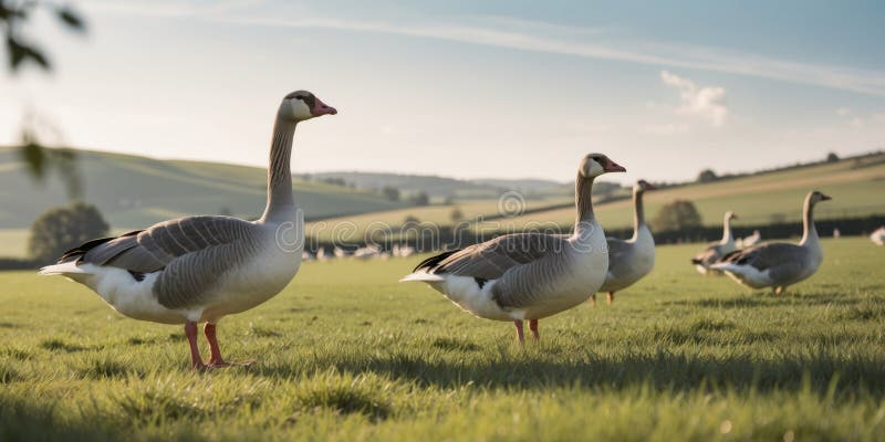 Geese Grazing Peacefully on a Scenic Farm Landscape. Stock Illustration ...