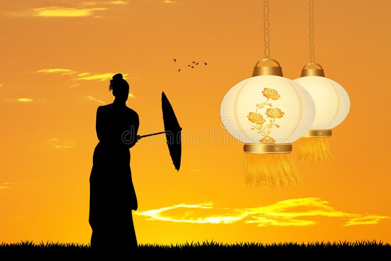 Geisha and Chinese Lanterns at Sunset Stock Illustration - Illustration ...