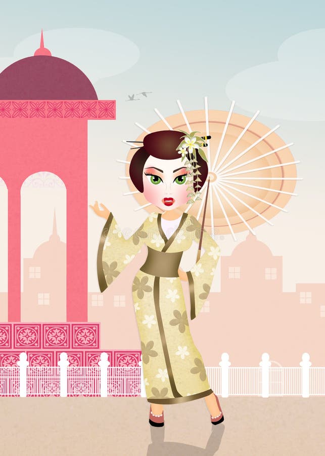 Funny Geisha in Japan stock illustration. Illustration of wisteria ...