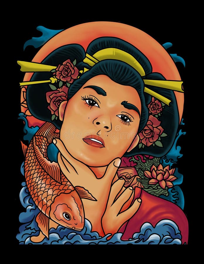 Geisha and Koi Illustation Art Stock Illustration - Illustration of ...