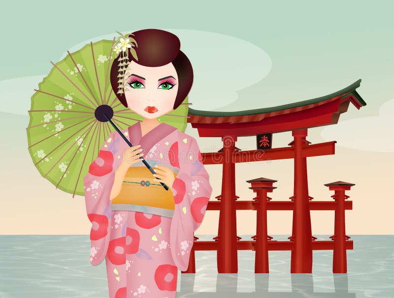Geisha in the temple stock illustration. Illustration of traditional ...