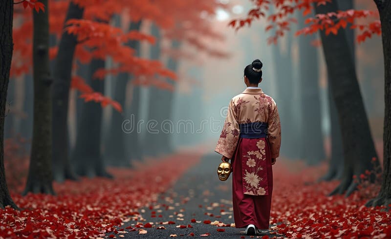Geisha Walking Under Red Maple Trees Stock Illustration - Illustration ...