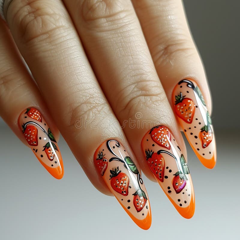 Gel Nails with Fruit Designs and Spring Colors Stock Image - Image of ...