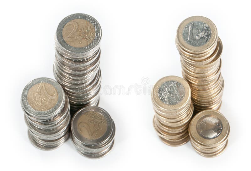 Geldstapel (1 Euro Und Euro 2) Stockbild - Bild von einkommen, krise ...