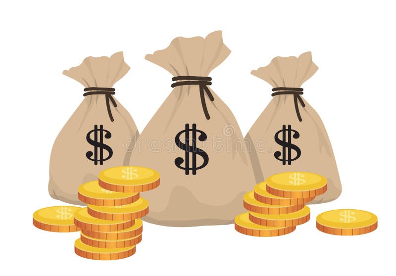 Zakken Geld Met Bundels Van Bankbiljetten En Muntstukken Stock ...