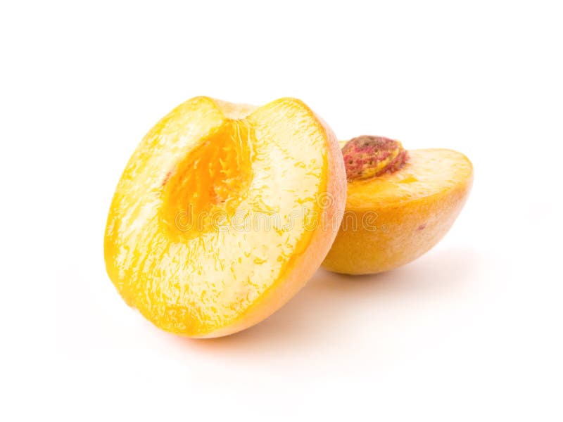 Geel Perziksap En Rode Nectarines Met Groene Bladeren, Half, Zaad ...