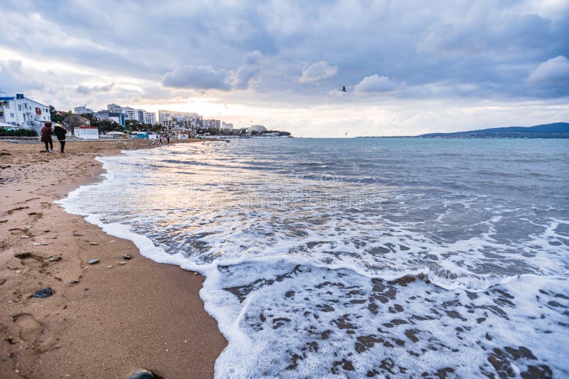 Gelendzhik Beach in Winter. Waves Roll Over Empty Sandy Beach Editorial Stock Image - Image of ...