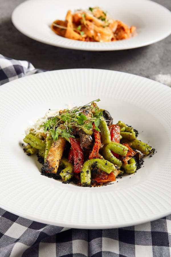 Gemelli Pasta with Baked Vegetable Stock Photo - Image of fusilli ...
