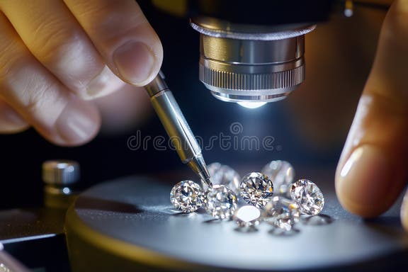 Gemologist Inspecting a Diamond Under a Microscope with Precision Tools ...