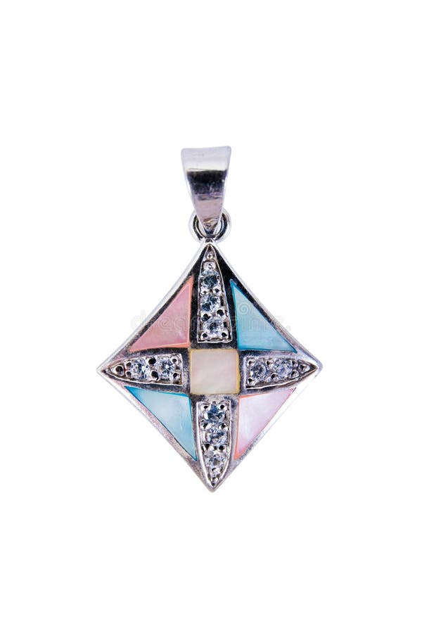 Gems and Diamonds Silver Necklace Pendant Rhombus Shape Isolated on ...
