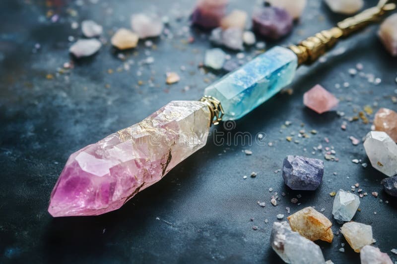 Gemstone Adorned Crystal Wand on Table Stock Photo - Image of minerals ...