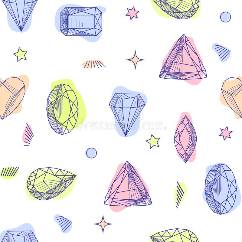 Gemstone Crystal Seamless Pattern. Pastel Gems and Stars on White ...