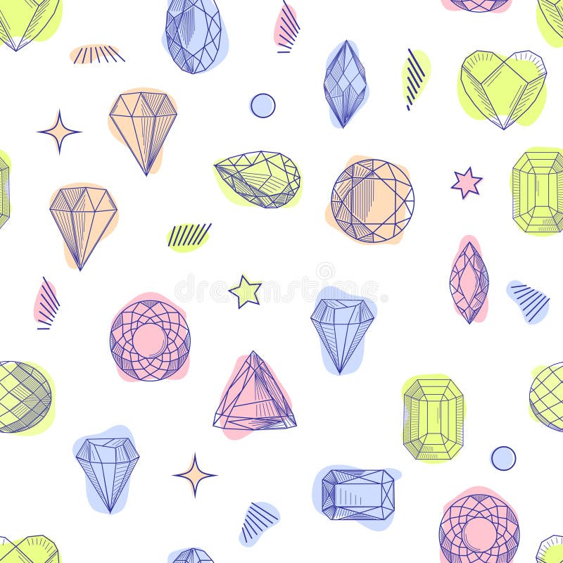 Gemstone Crystal Seamless Pattern. Pastel Gems and Stars on White ...
