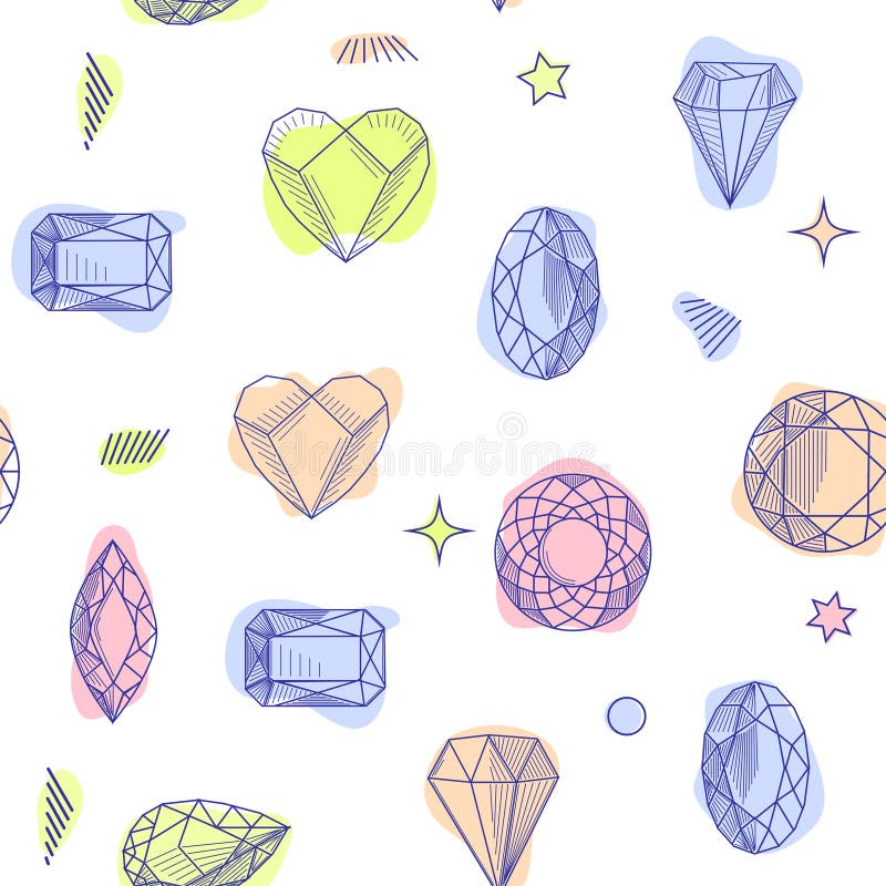 Gemstone Crystal Seamless Pattern. Pastel Gems and Stars on White ...