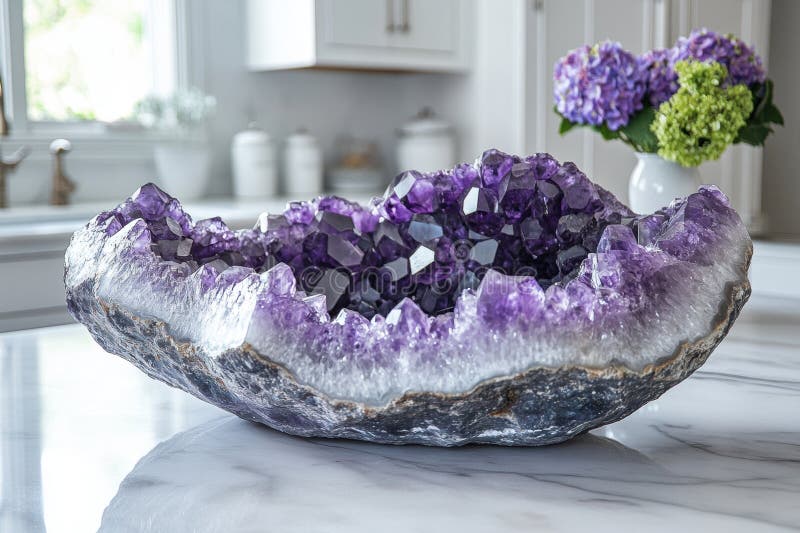 Gemstone Decor, an Elegant Amethyst Geode on a Marble Counter Creates a ...