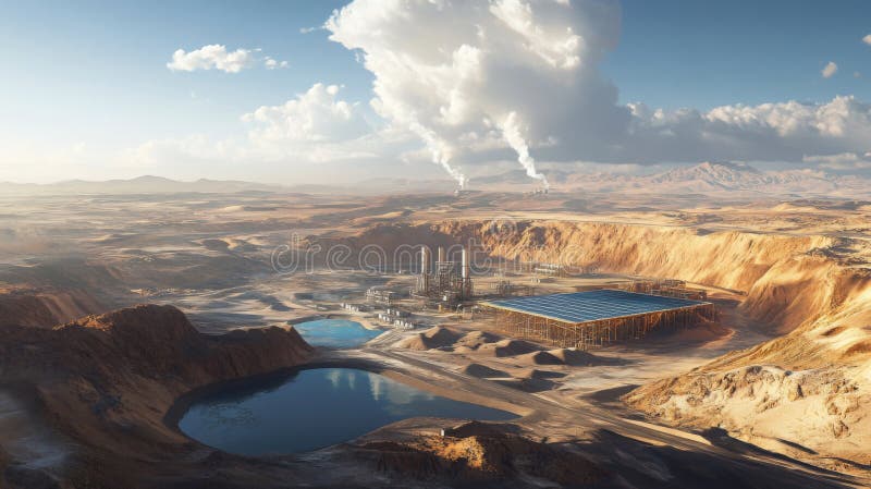 Gemstone Mining Operation with Solar Panels in a Desert Landscape Under ...