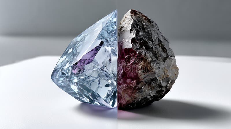 A Gemstone is Shown Split in Half, Juxtaposing a Raw, Rough Surface ...