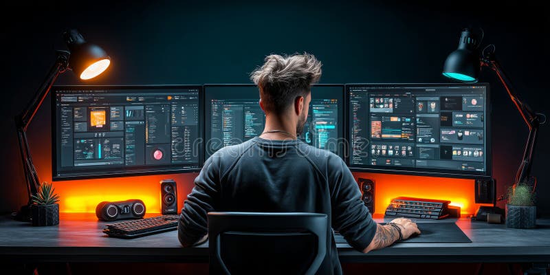 Gen Z Developer Works Intensely at a Modern Multiscreen Workstation ...
