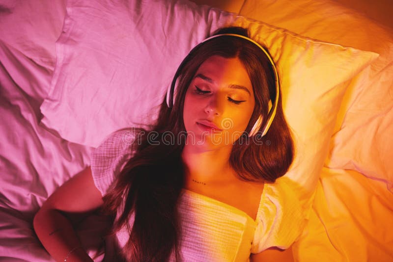 Gen Z Headphones And Woman Sleeping With Creative Vaporwave Lighting