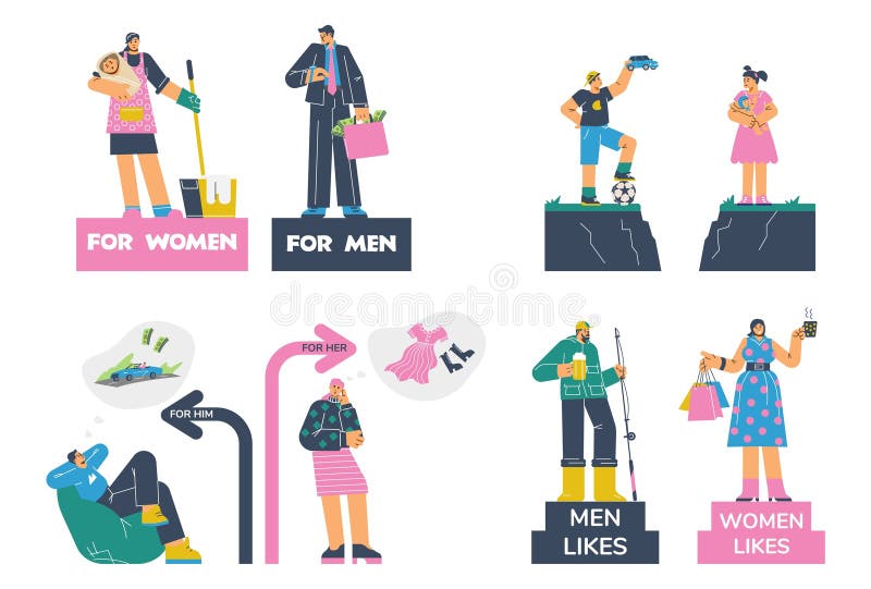 Gender And Social Role Stereotypes Banners Flat Vector Illustrations